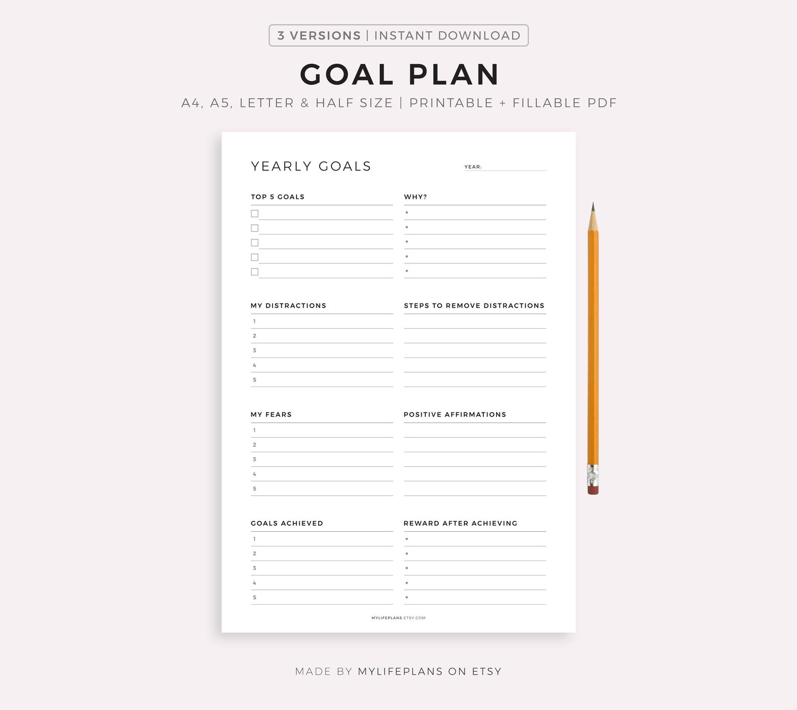 Goal Planner Printable & Fillable PDF - Yearly Goals, Quarterly Goals ...