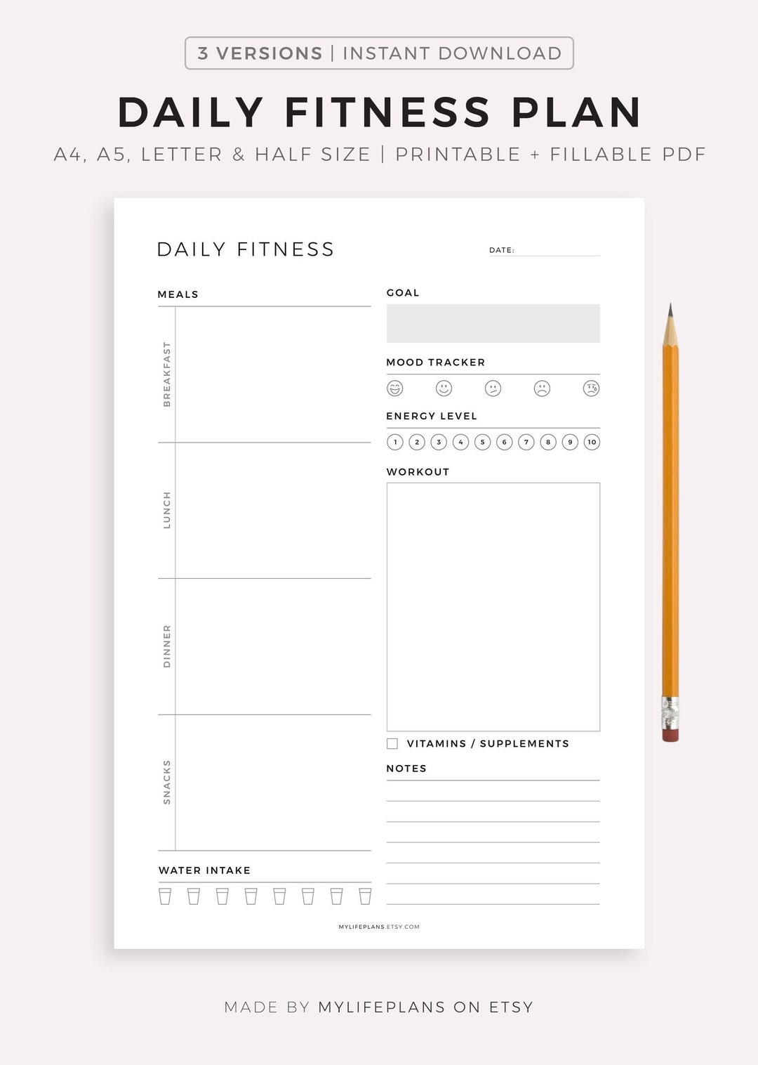 Daily Fitness Planner Printable, Workout Planner, Meal Planner, Energy ...