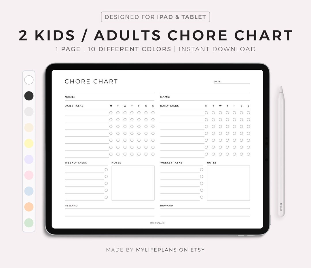 Chore Chart for 2 Kids / Adults Digital Planner, Weekly Household ...