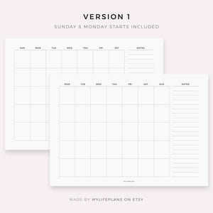 Blank Monthly Calendar With Notes, Landscape, Monday & Sunday Start ...
