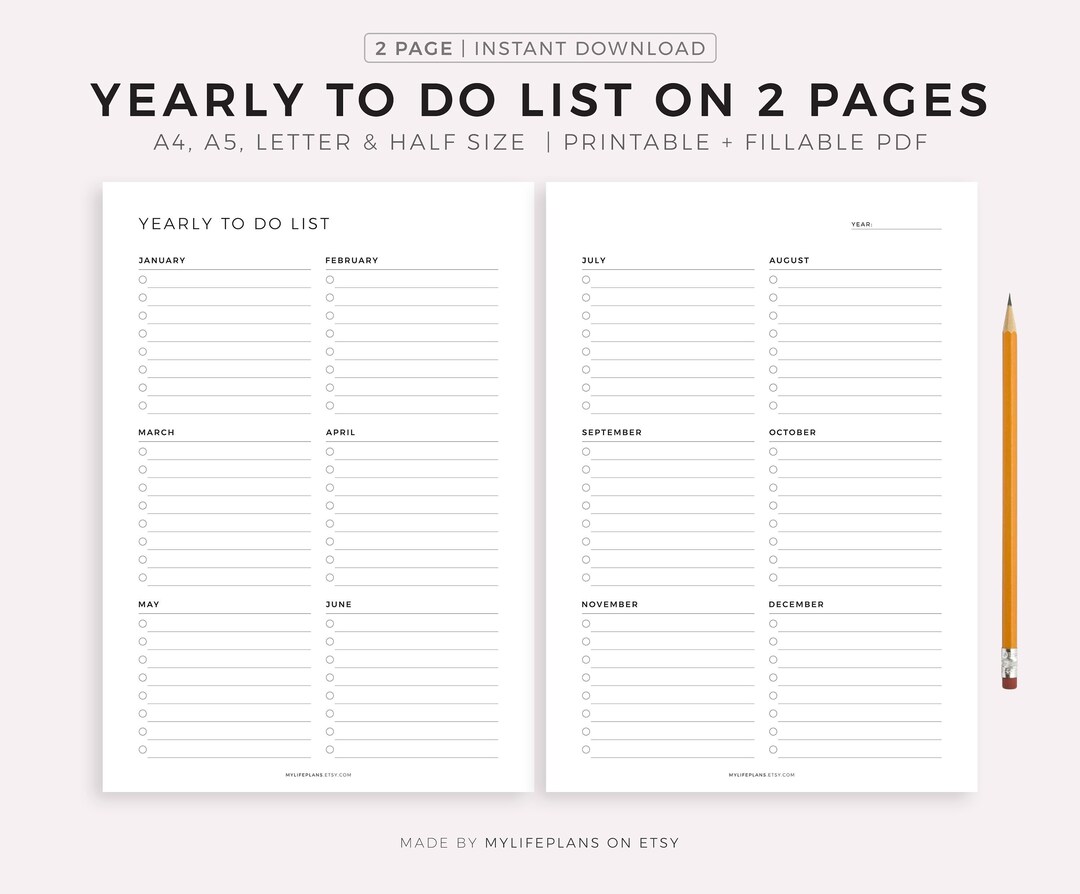 Yearly to Do List on Two Pages, Yearly Tasks, Yearly Planner, Annual ...