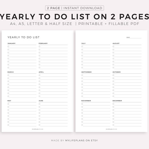 Yearly to Do List on Two Pages Yearly Tasks Yearly Planner - Etsy