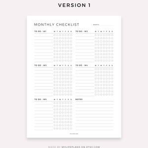 Digital Monthly Checklist Template, Monthly to Do List, Task List ...