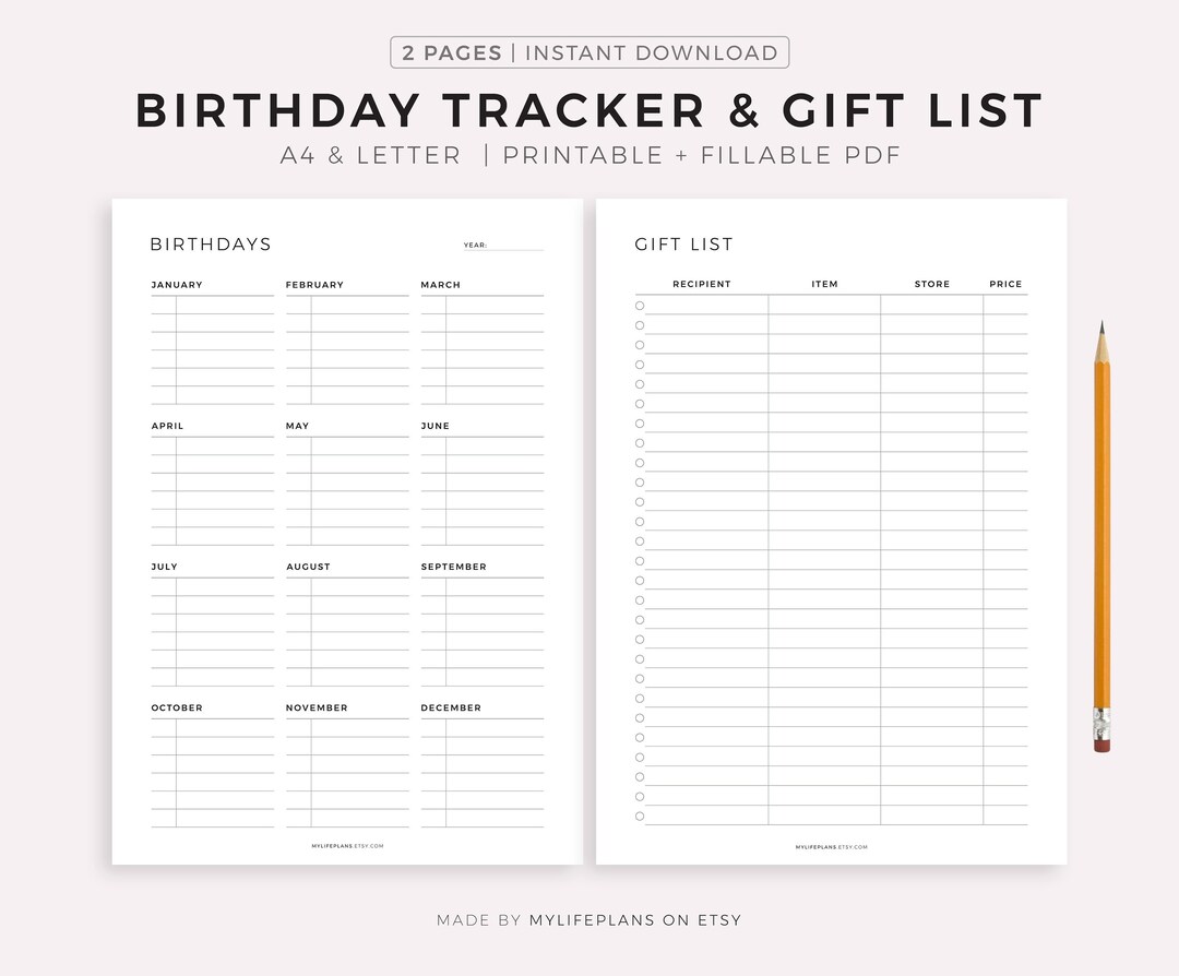 Birthday Tracker & Gift List Printable, Birthday Planner, Birthday and ...