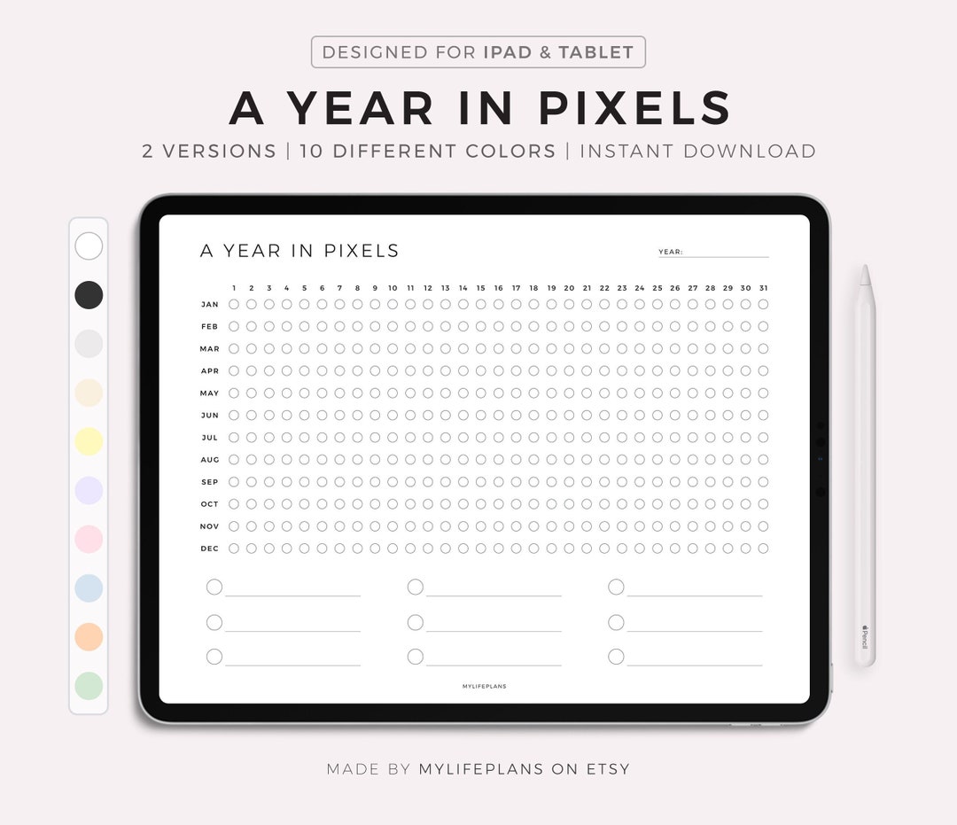 Digital A Year in Pixels Template Landscape - Mood Tracker, Exercise ...