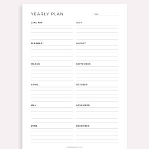 Minimalist Yearly Planner on One Page, Year at a Glance, Annual ...