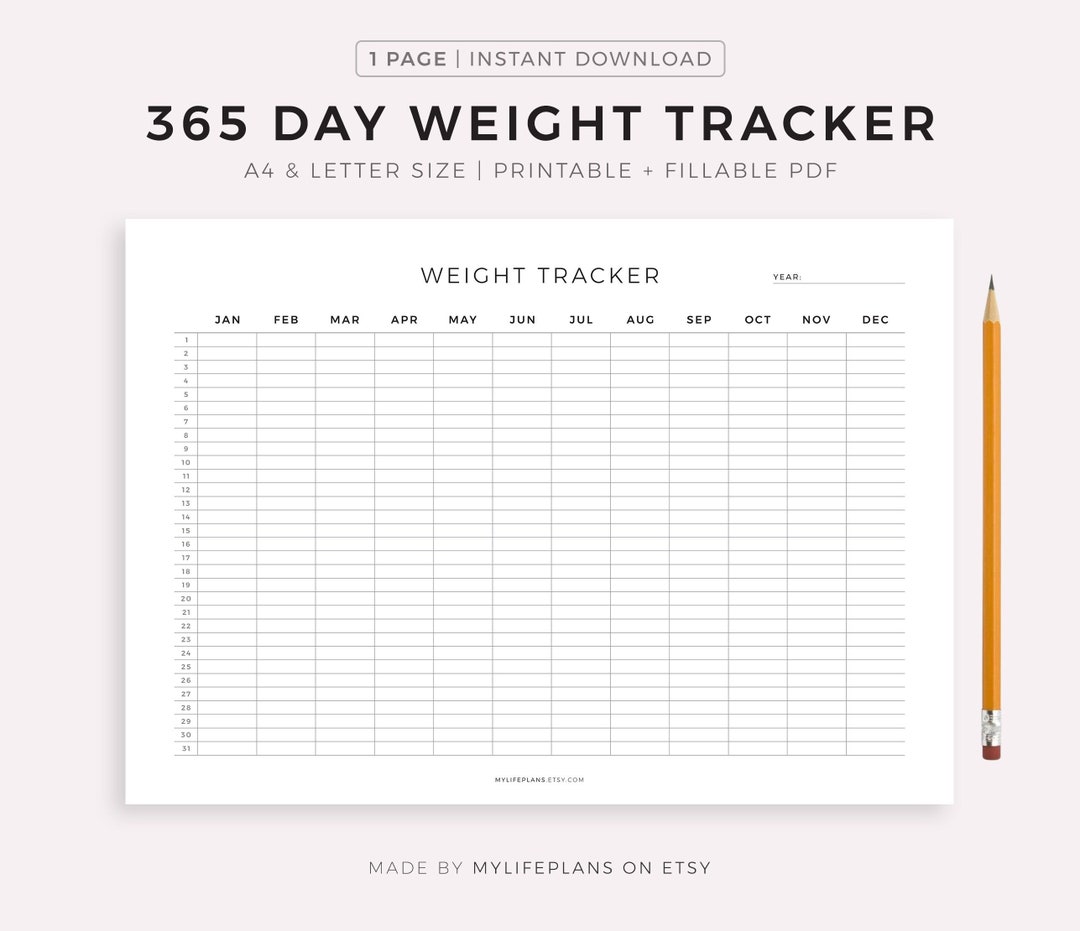 365 Day Weight Tracker Printable Landscape, Daily Weight Journal ...