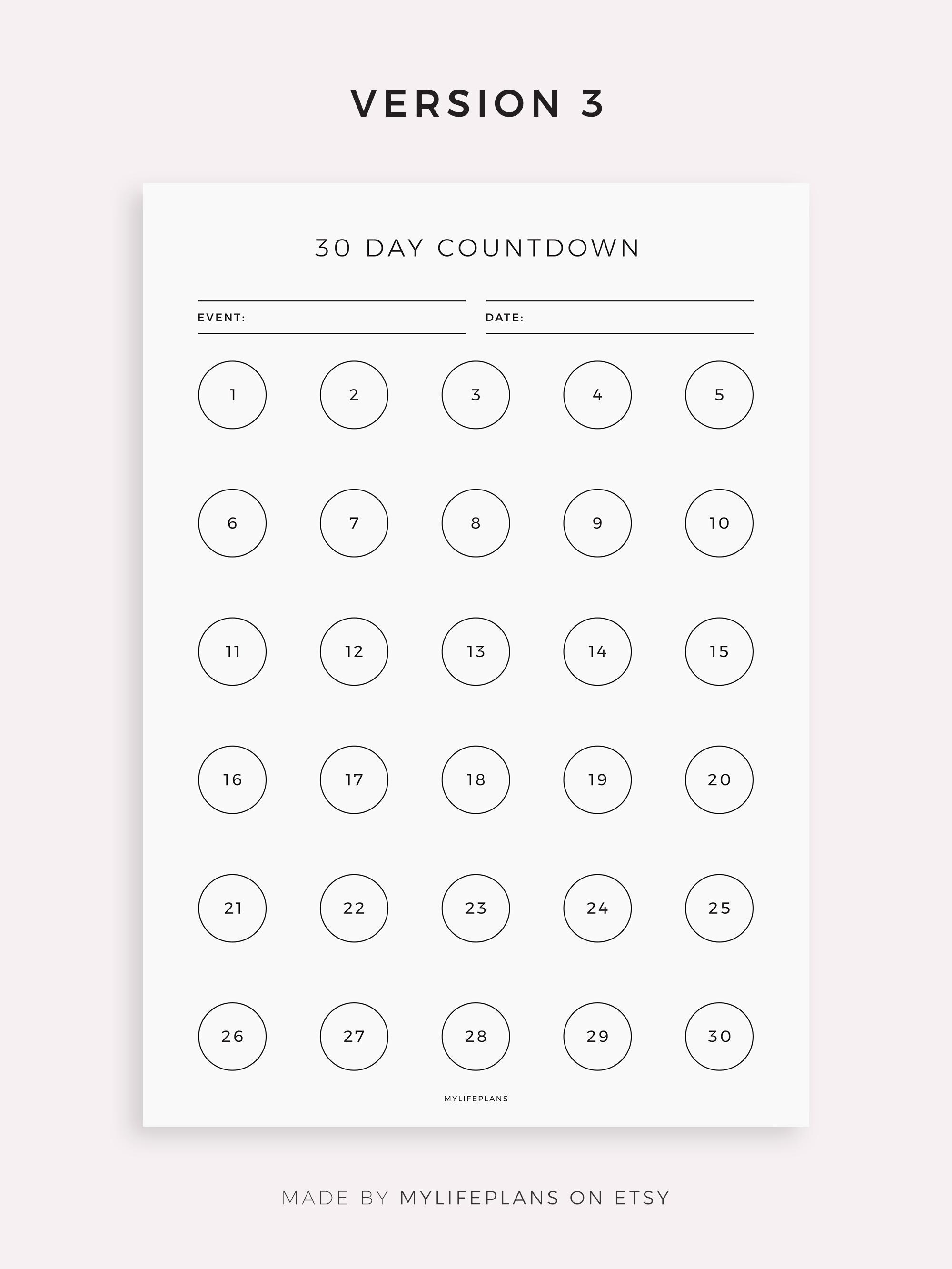 30, 60, 100 Day Countdown Tracker to Vacation, Birthday, Wedding, New ...