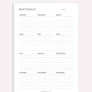 Birthday Tracker Printable Template, Birthday Calendar, Birthday ...