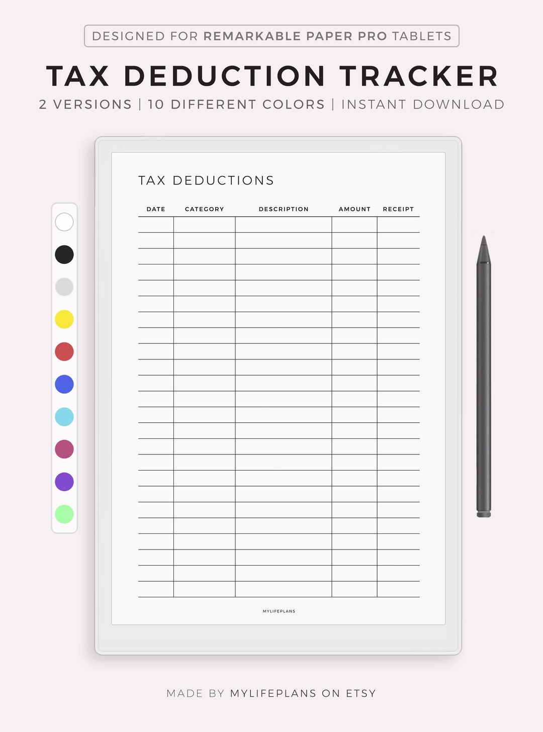 Tax Deduction Tracker for Remarkable Paper Pro, Business Tax Log ...