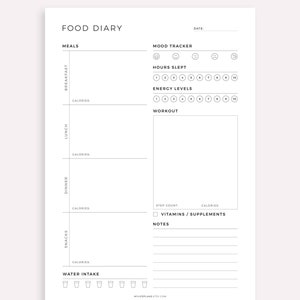 Daily Food Diary Printable, Food Journal, Vitamin Intake, Water Intake ...