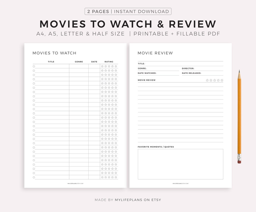 Movies to Watch & Review Page Printable and Fillable PDF, A4/a5/letter ...