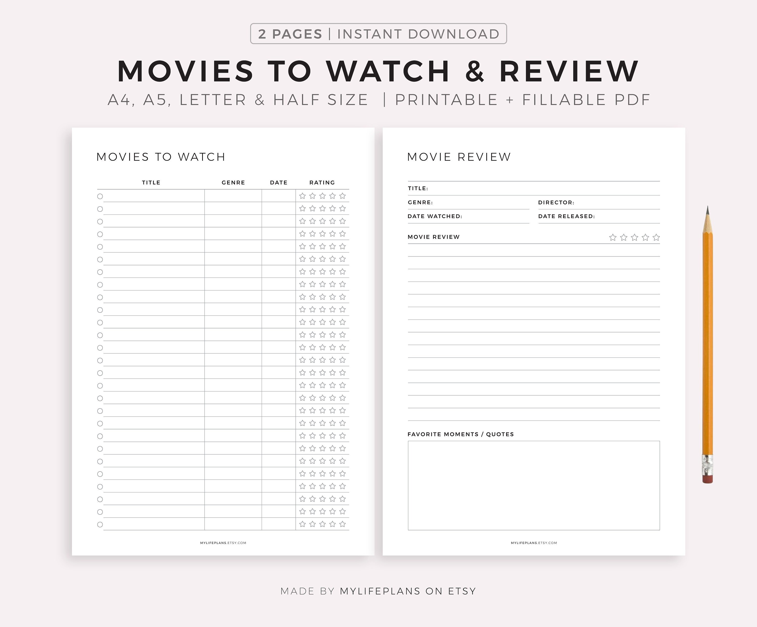 Movies to Watch & Review Page Printable and Fillable PDF - Etsy UK