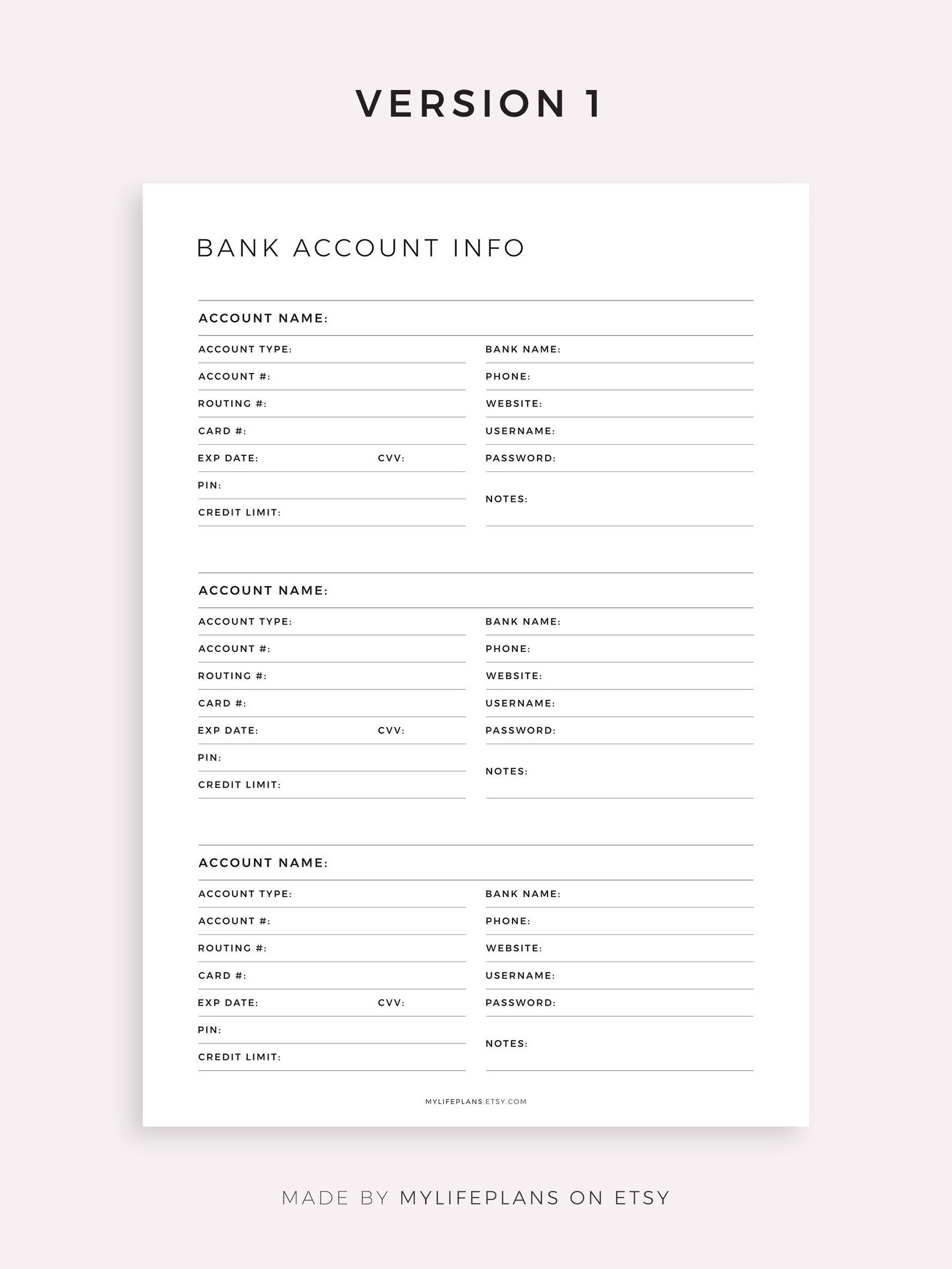 Bank Account Information Tracker Printable, Bank Account Log, Bank ...