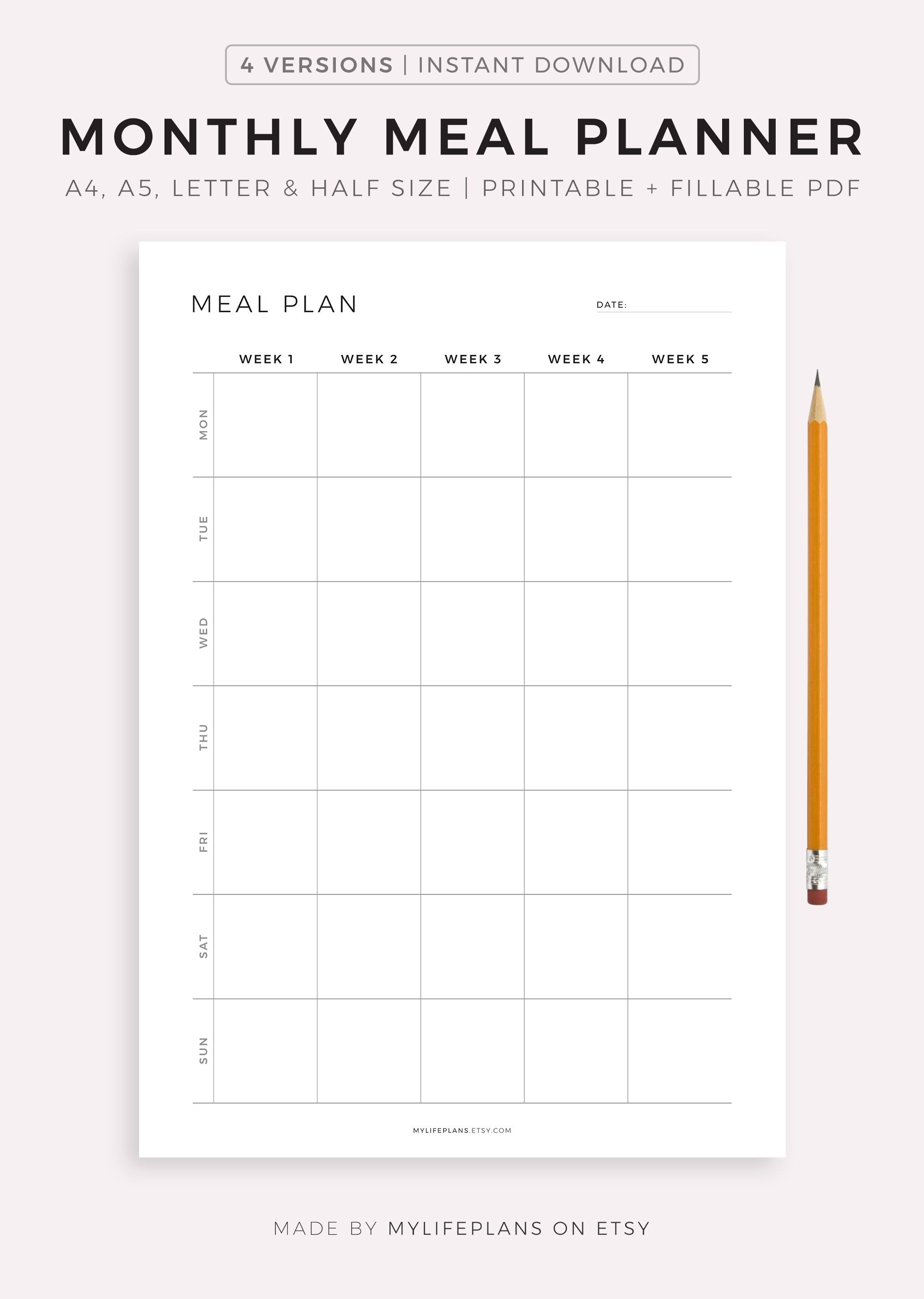 Monthly Meal Planner Printable 30 Day Menu Planner Food - Etsy