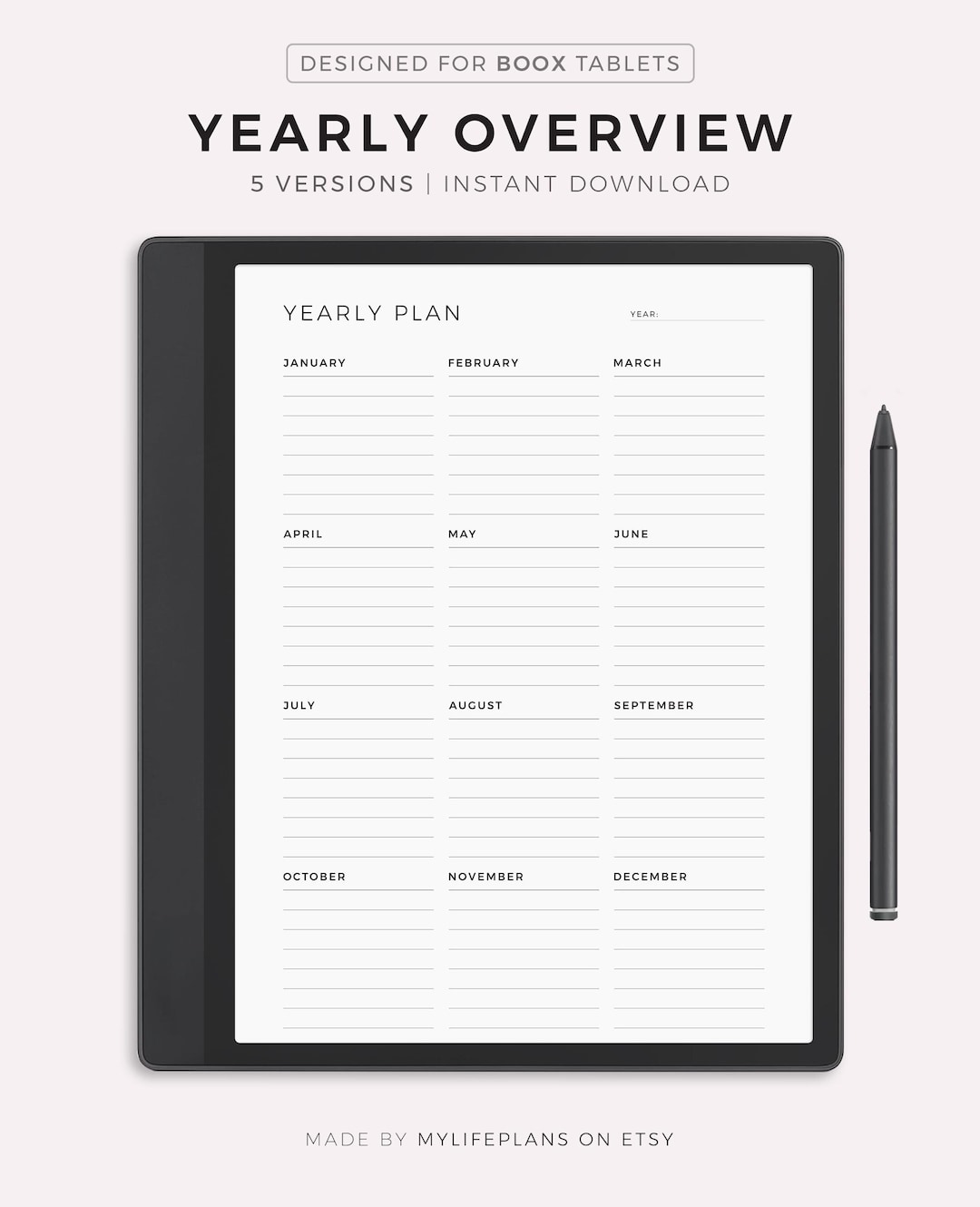 Yearly Overview, Yearly Planner on One Page, Year at a Glance, Undated ...
