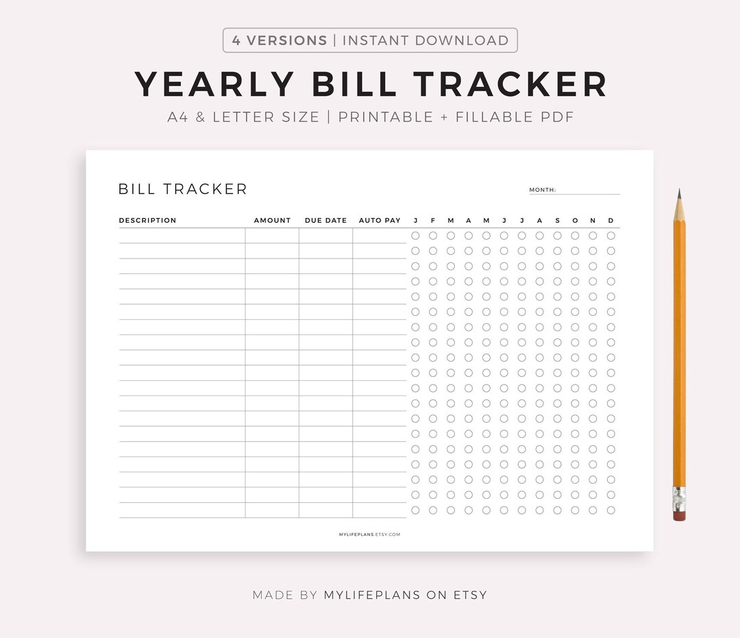 Yearly Bill Tracker Printable Landscape, Bill Payment Checklist, Bill ...
