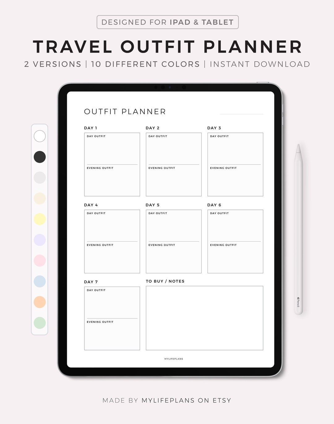 Travel Outfit Planner Digital Template Ipad, Daily Outfit Planner for ...