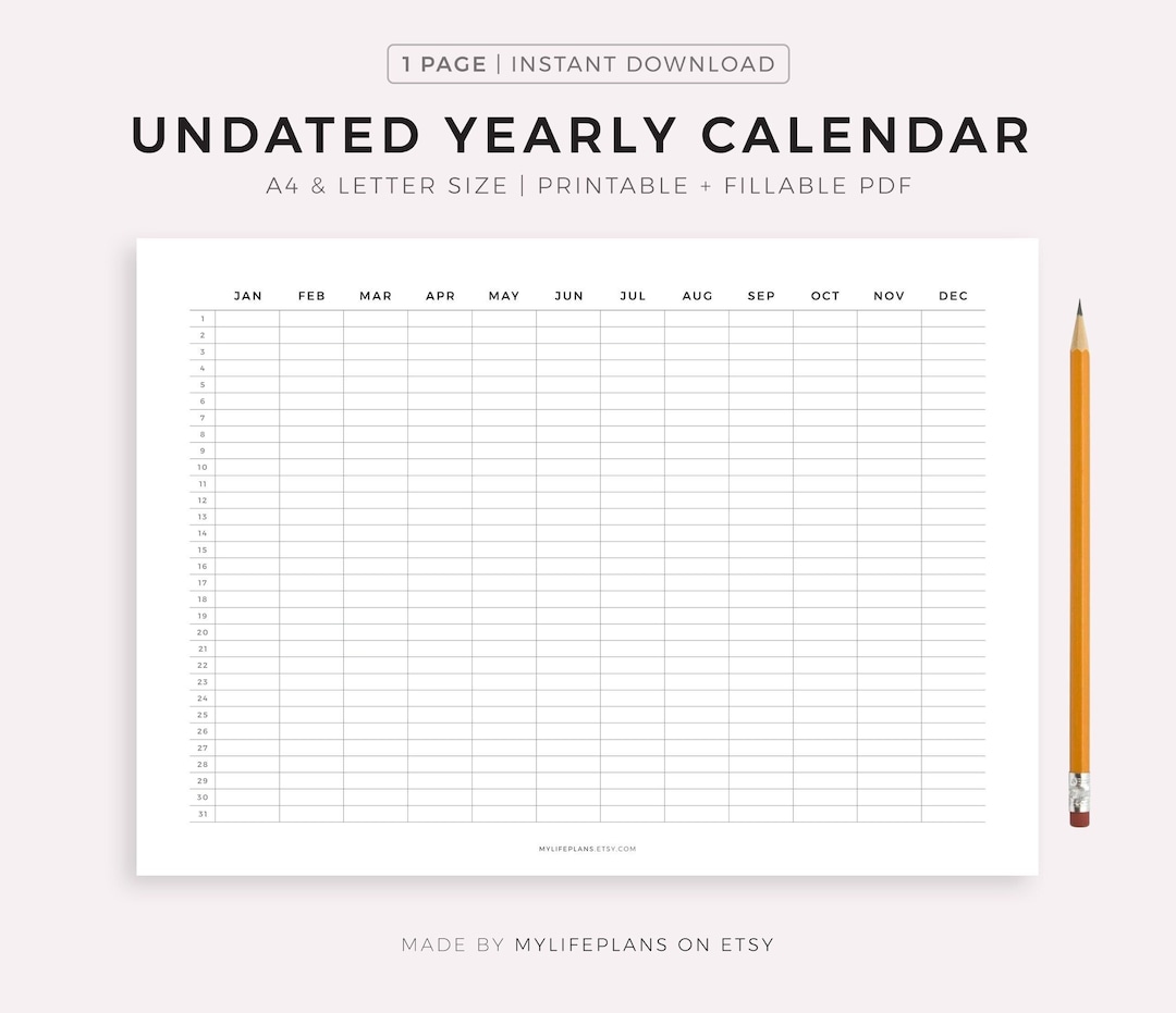 Undated Year Calendar Printable & Fillable, Year at a Glance, Year on ...