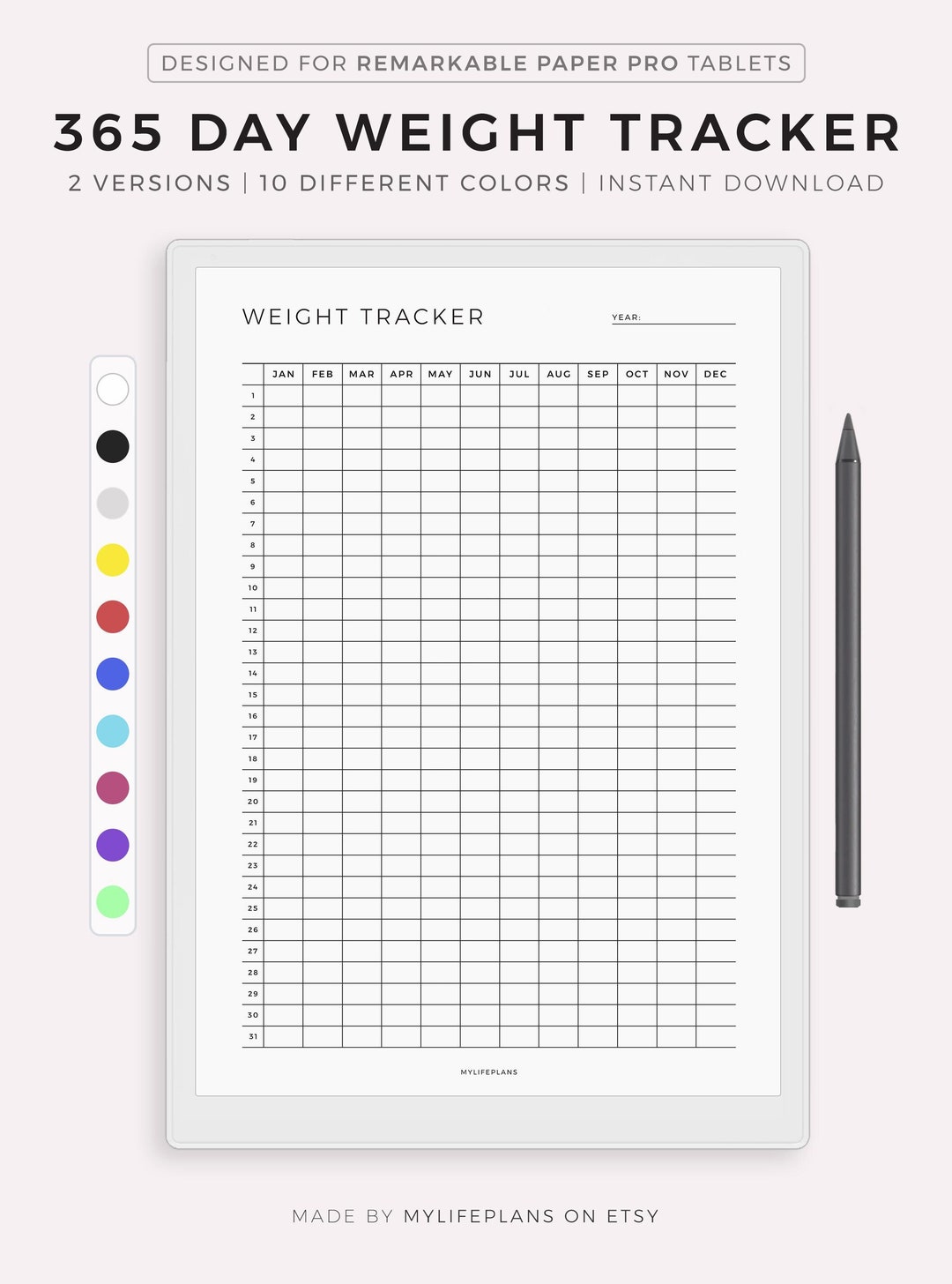 365 Day Weight Tracker for Remarkable Paper Pro, Instant Download - Etsy