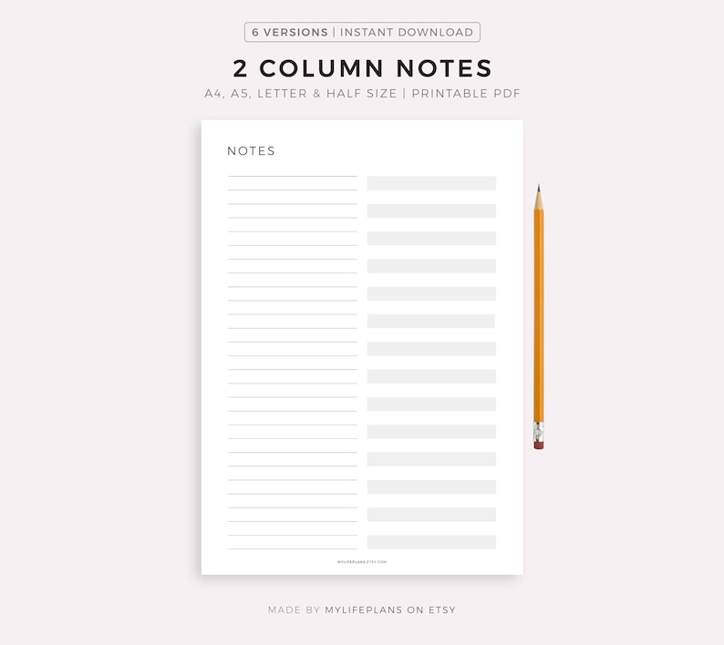 2 Column Notes Page Printable, Notes Template, Writing Paper, Notes ...