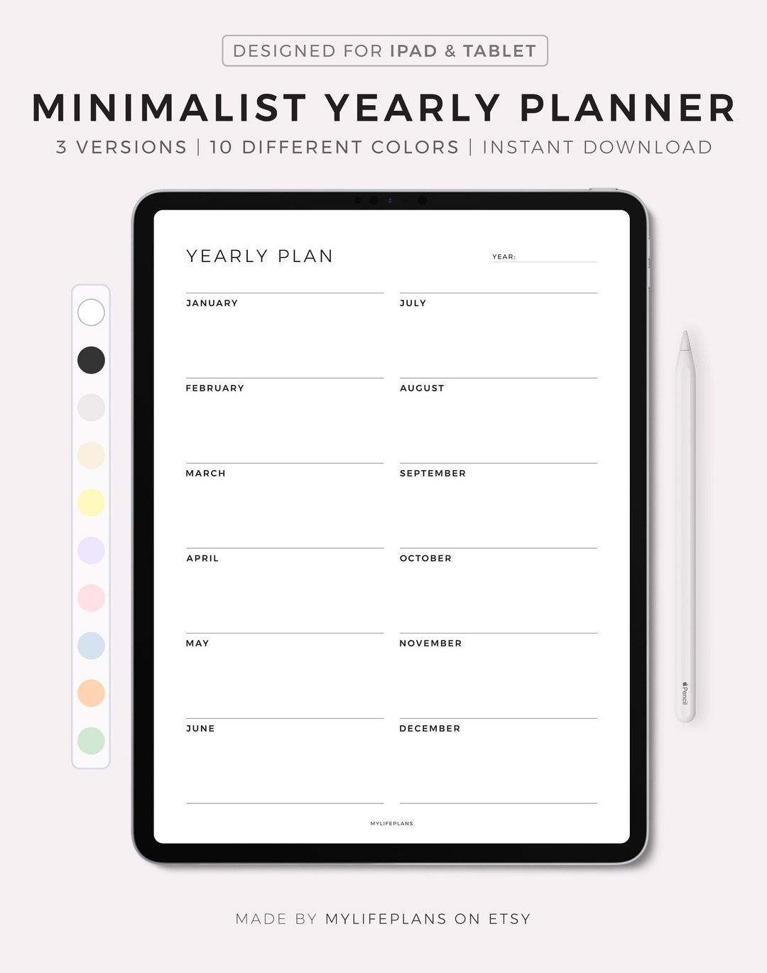 Minimalist Yearly Planner on One Page, Year at a Glance, Annual ...