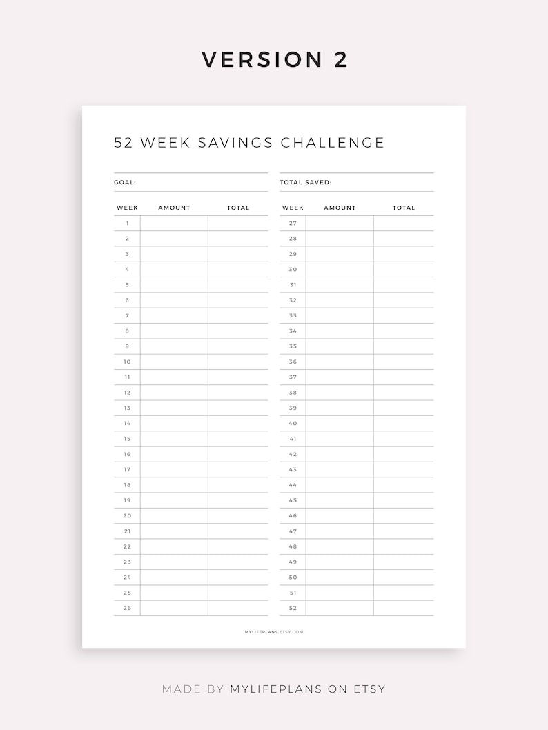 52 Week Savings Challenge Printable, Yearly Saving Plan, Savings ...