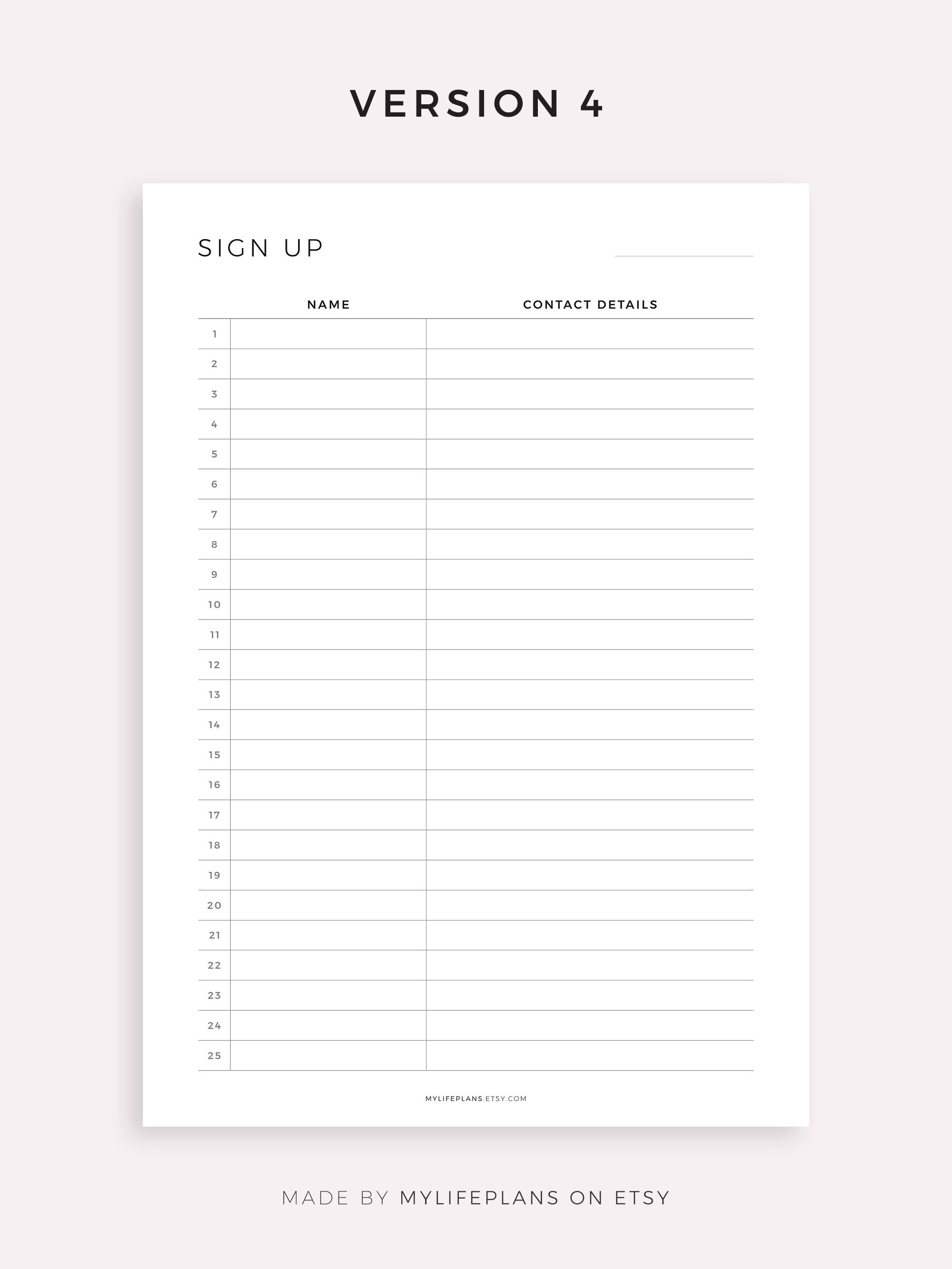 Fillable Sign up Sheet Printable Event Sign Up Customer - Etsy Canada