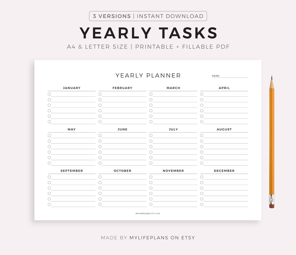 Yearly Tasks Printable Landscape Yearly to Do List - Etsy