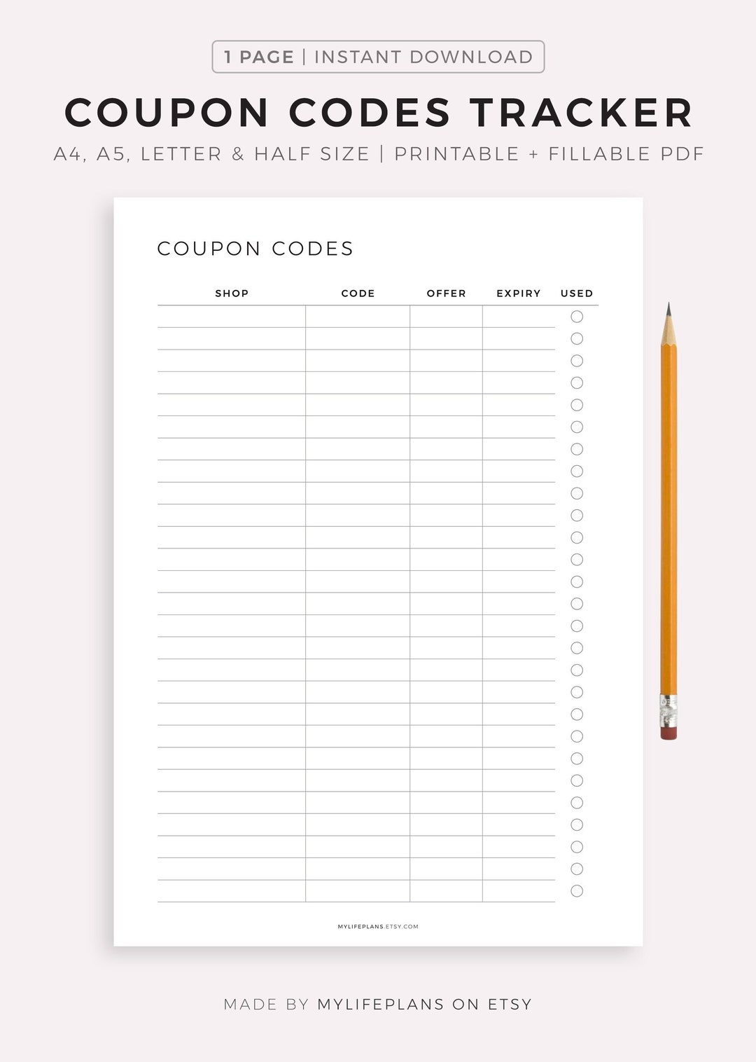 Coupon Codes Tracker Printable, Coupon Organizer, Shop Discount Code ...