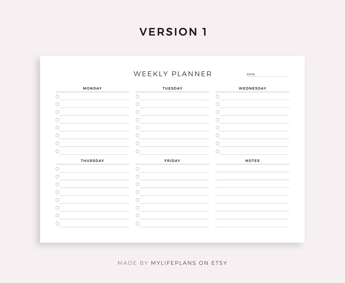 Five Day Weekly Planner Printable to Do List Weekly Schedule - Etsy