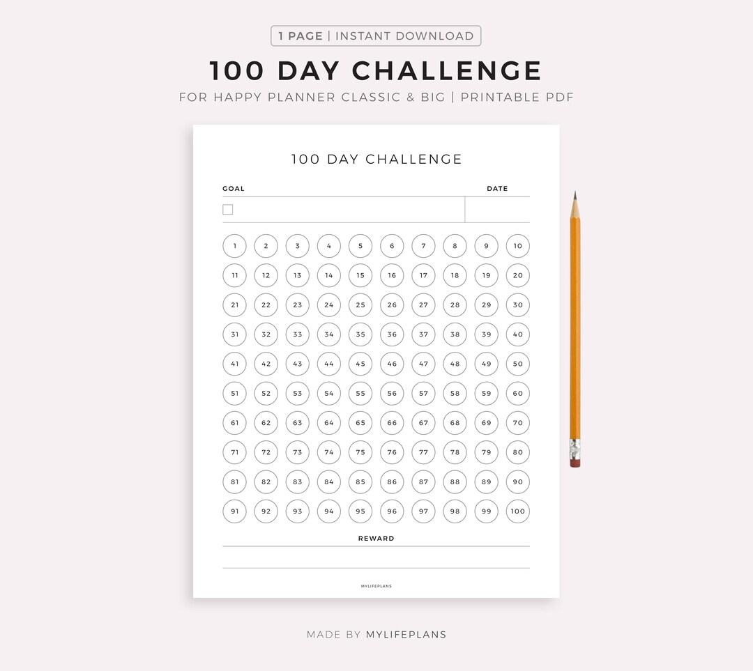 100 Day Challenge, Printable Template for Happy Planner Classic & Big ...