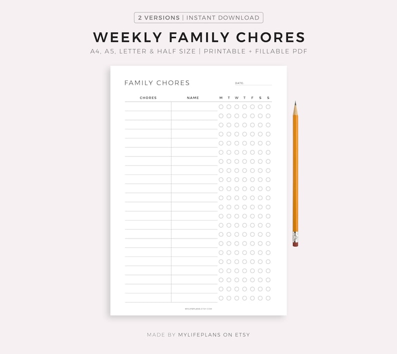 Simple Weekly Family Chores Printable, Kids & Adults House ...