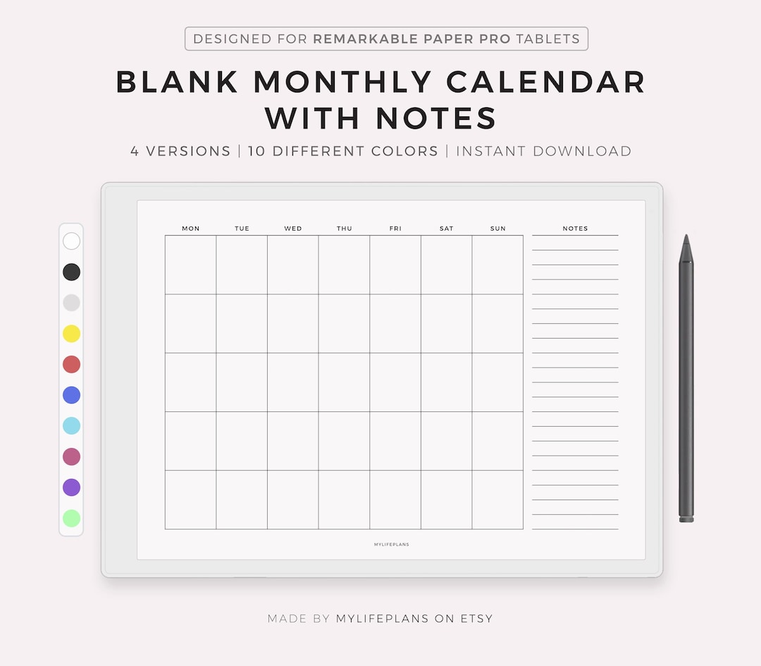 Blank Monthly Calendar With Notes, Landscape, Monday & Sunday Start ...
