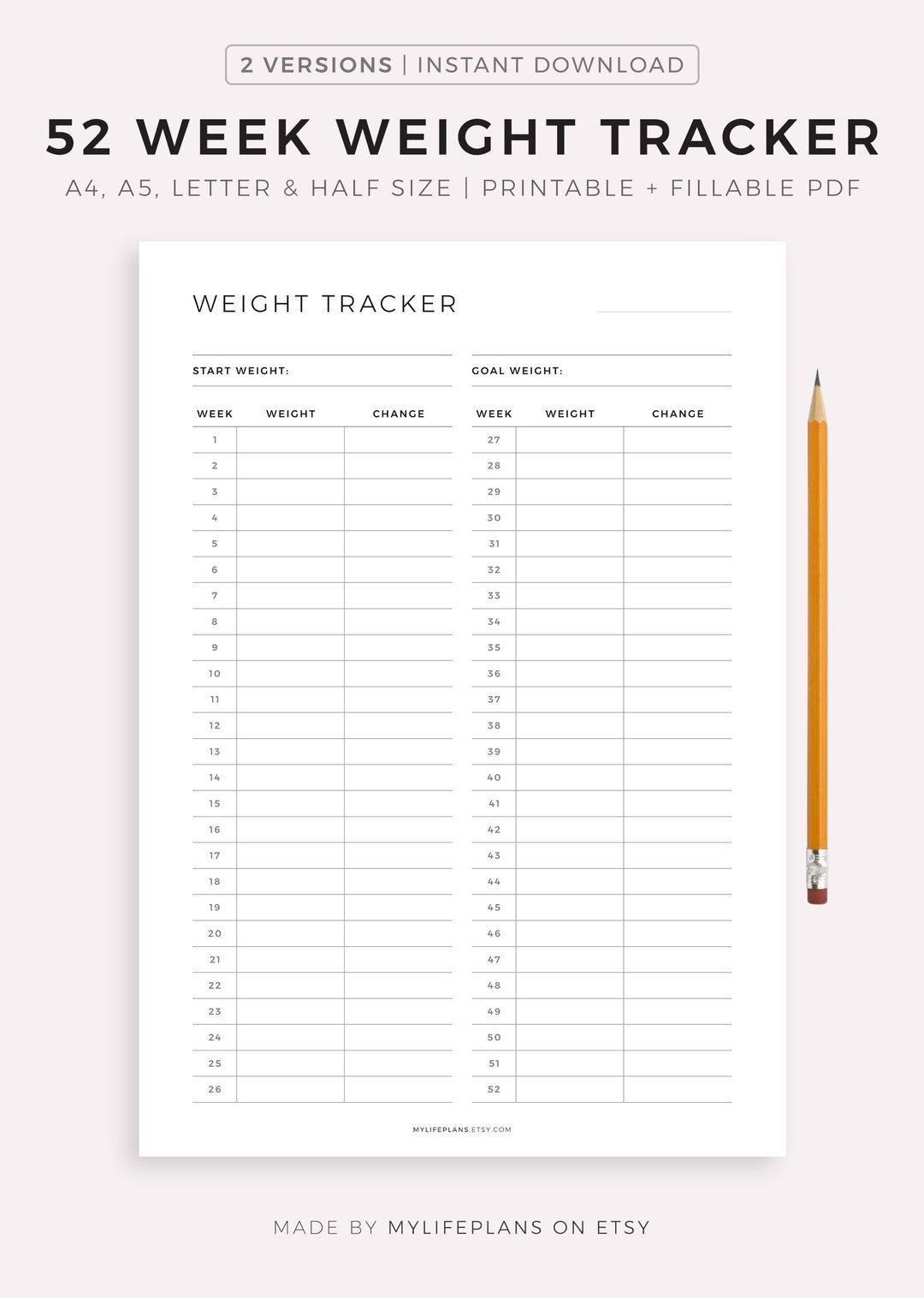 52 Week Weight Tracker Printable & Fillable, Weight Loss Tracker ...