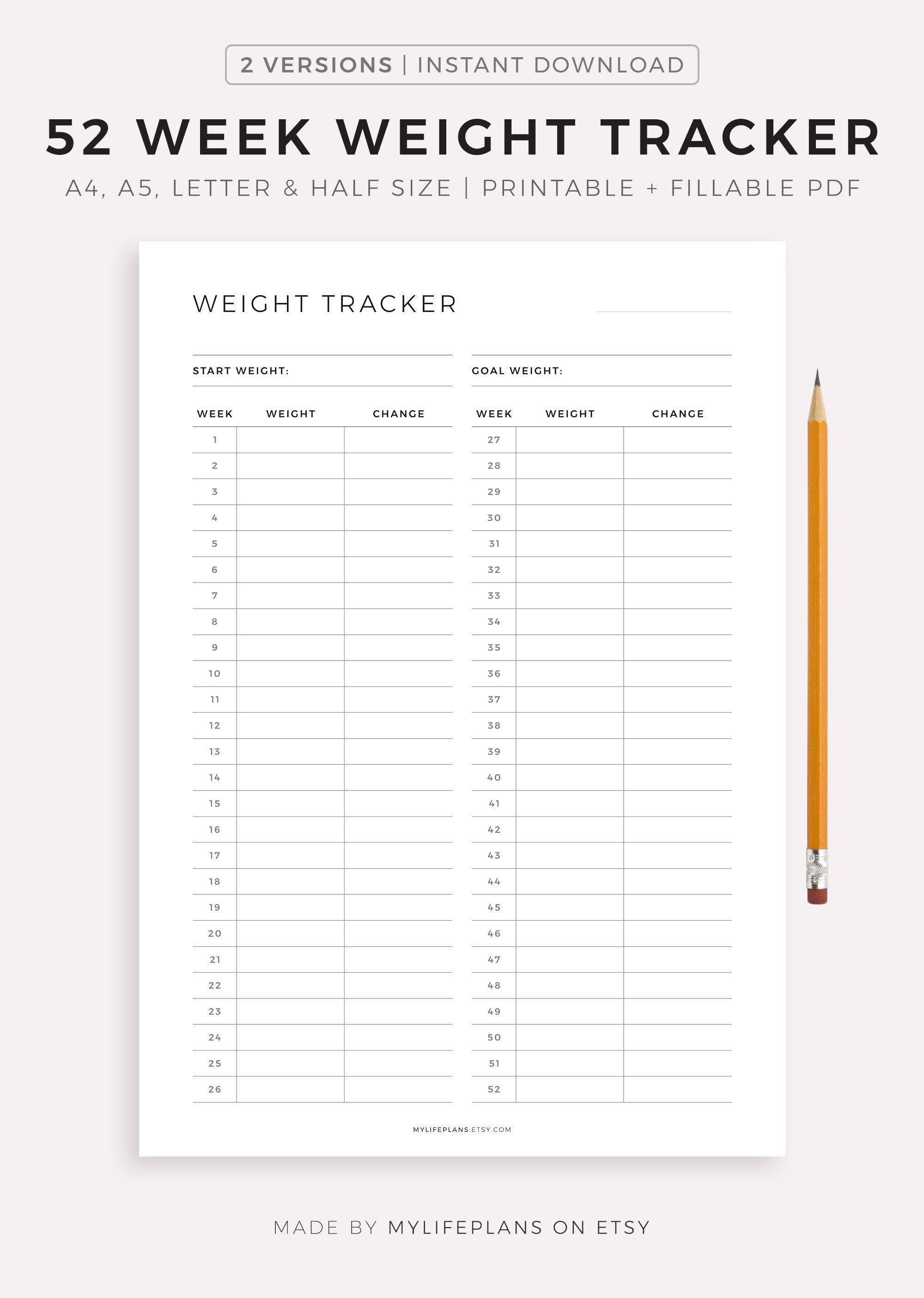 52 Week Weight Tracker Printable & Fillable Weight Loss - Etsy UK