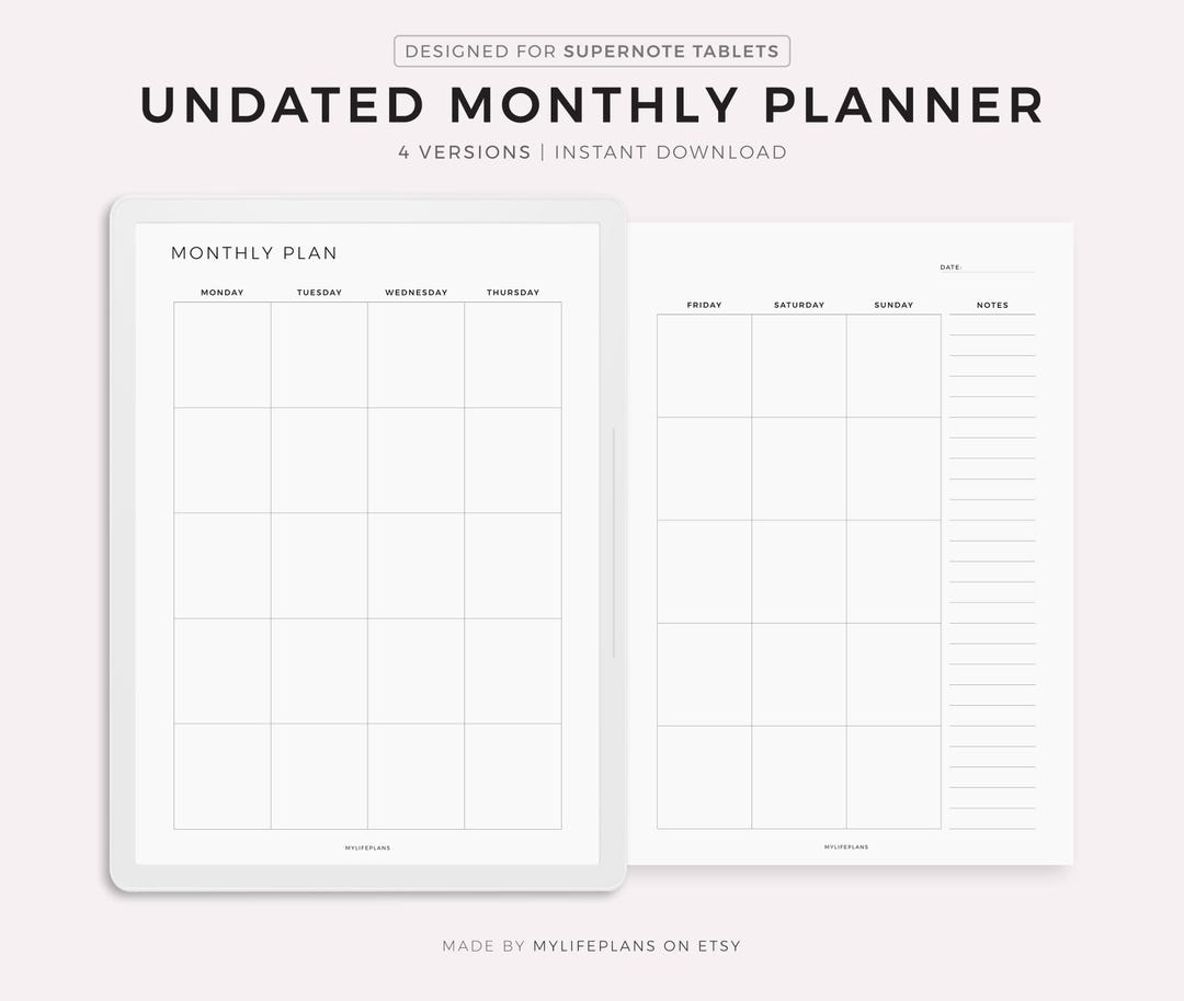 Undated Monthly Planner for Supernote A5X2/A5X/A5/A6X2/A6X/A6, Month on ...