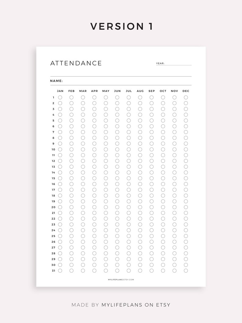Yearly Employee Attendance Log Printable - Working Days, Days Off, Vacations, Ect.. A4/a5/letter ...