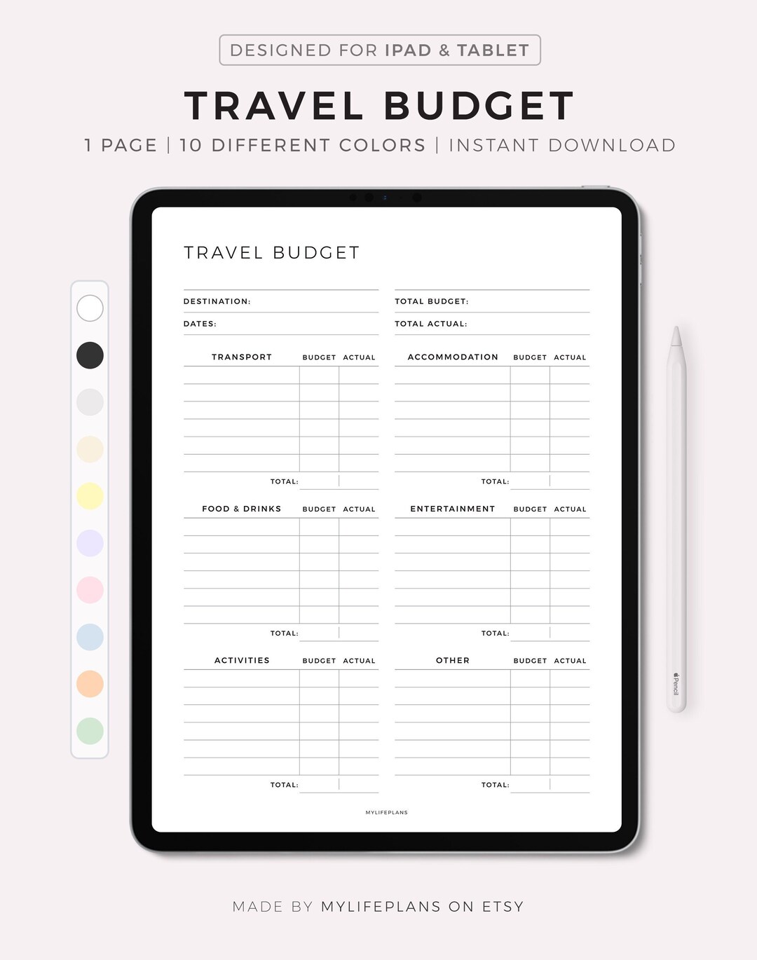 Digital Travel Budget Planner for iPad Tablet, Compatible With ...