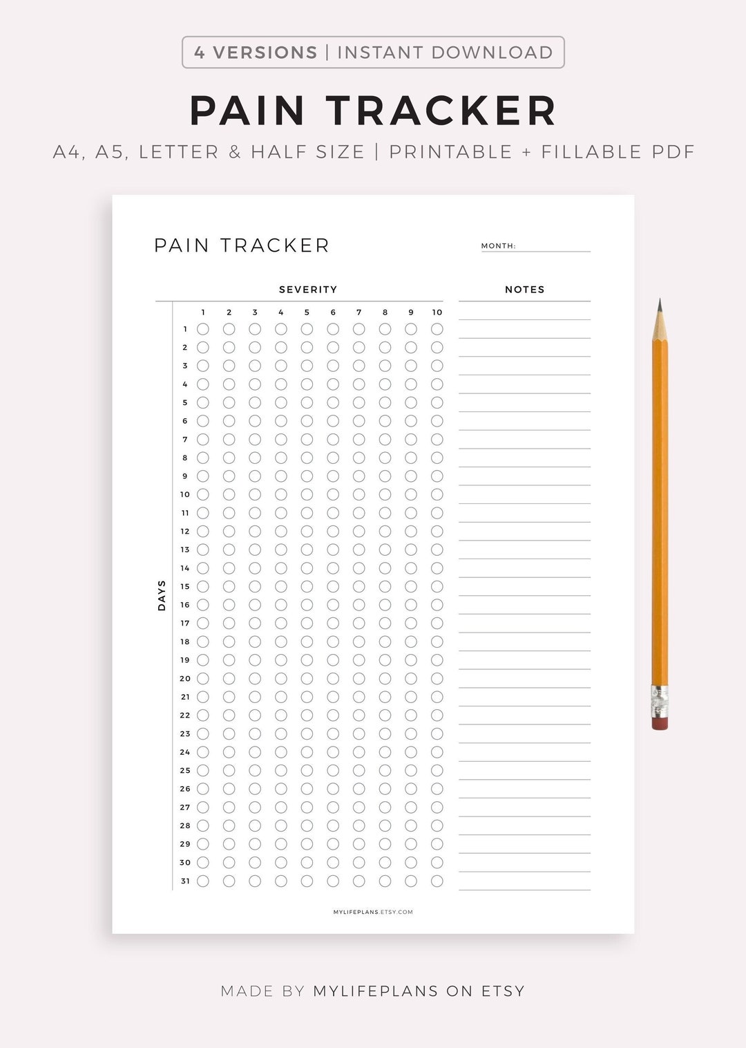 Monthly Pain Tracker Printable Template, Track Daily Pain Severity ...