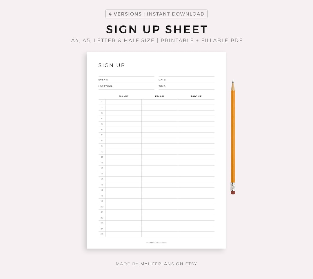 Fillable Sign up Sheet Printable - Event Sign Up, Customer Sign Up ...