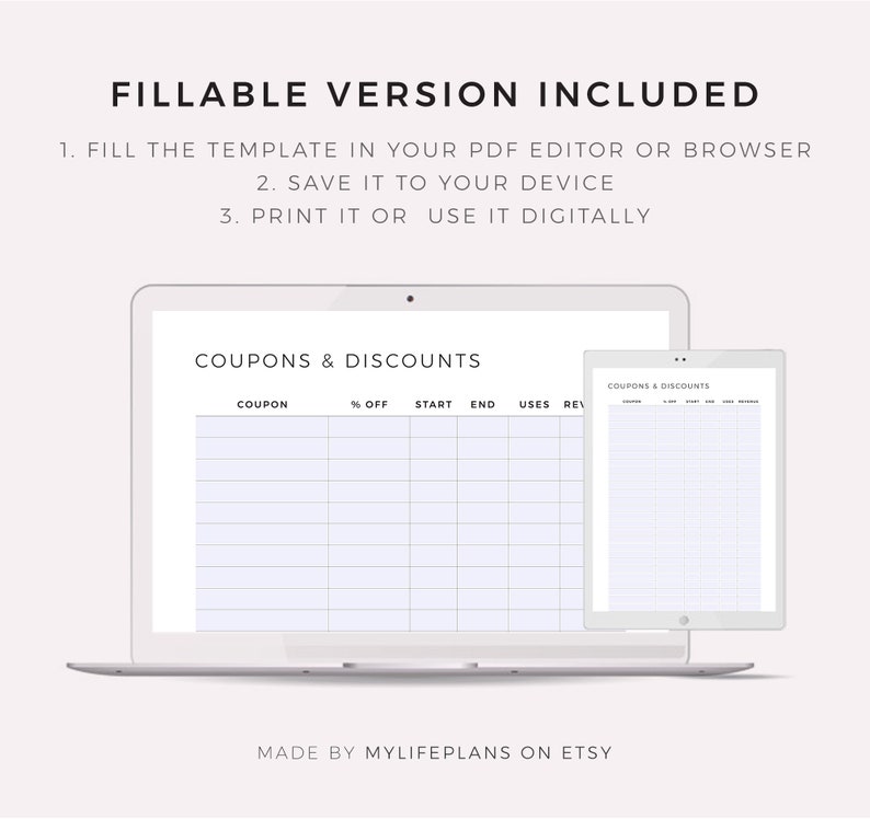 Online Shop Coupon & Discounts Tracker Printable, Business Coupon ...