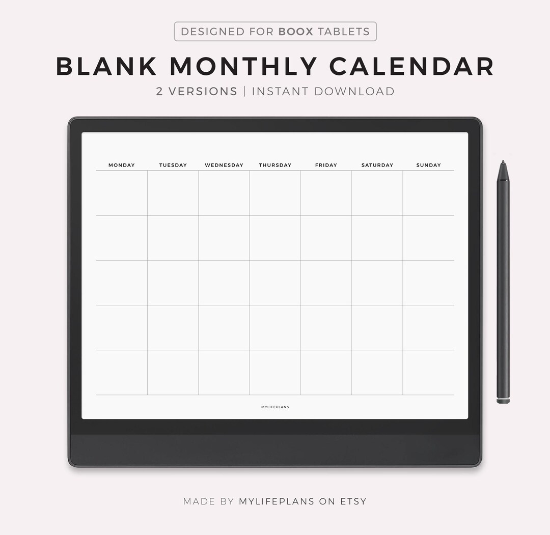 Blank Monthly Calendar for Boox Note Series / Tab Series / Go 10.3 ...