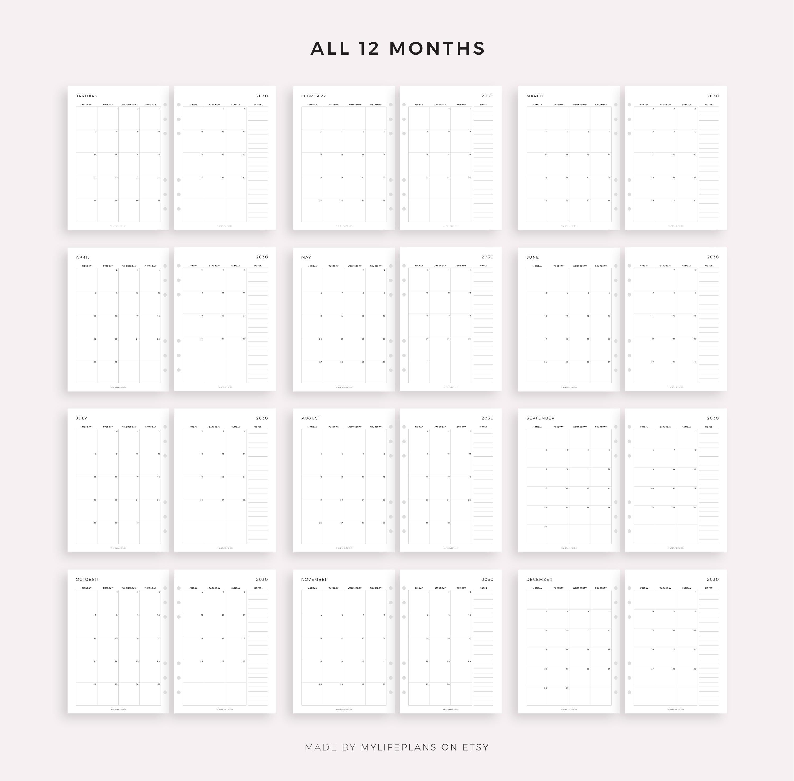 2030 Monthly Planner Printable, Dated Month on 2 Pages, 2030 Calendar ...