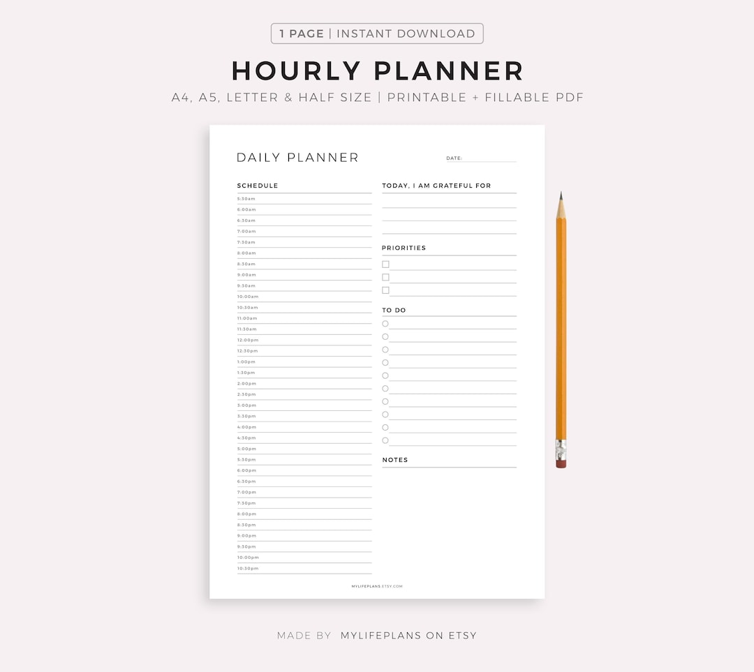 Fillable Hourly Planner Printable, Daily to Do List, Undated Planner ...