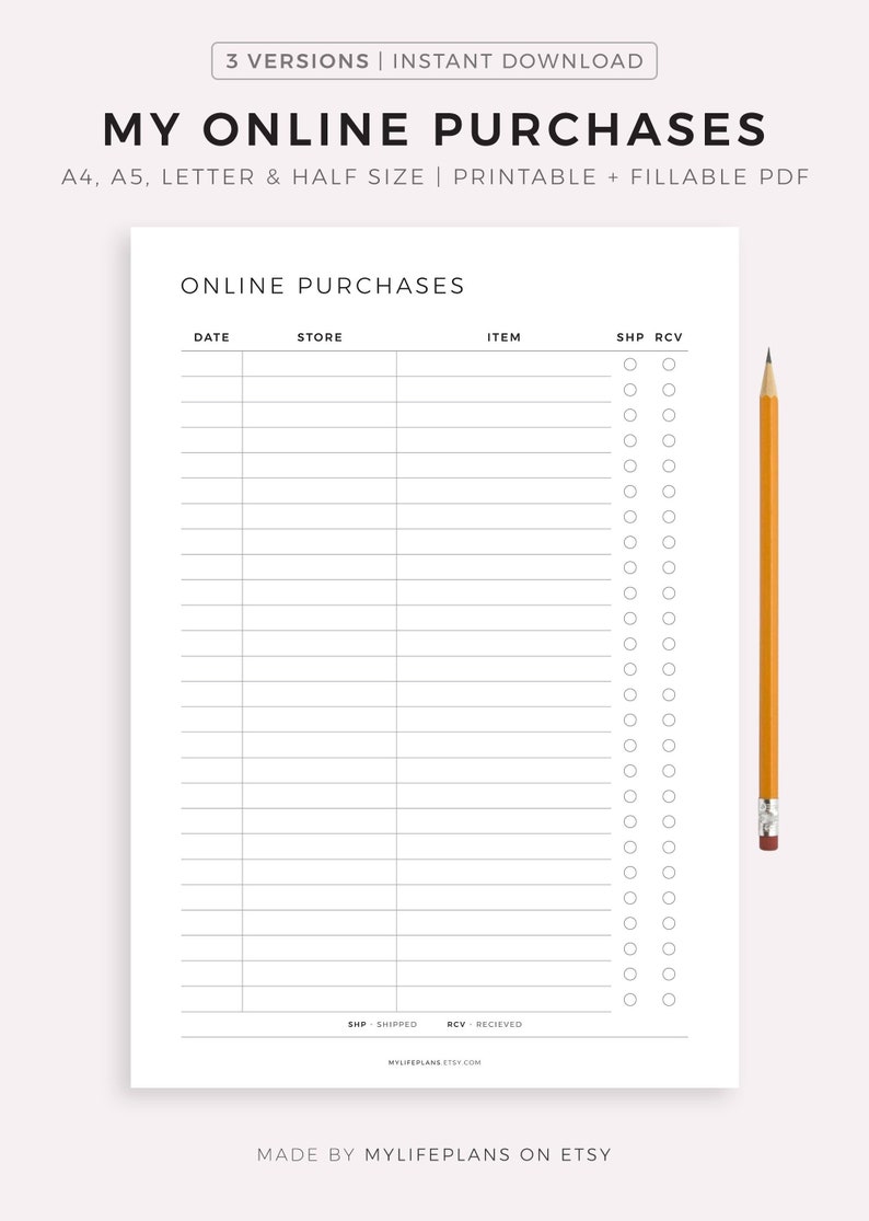 Online Purchases Tracker Printable Order Tracker Template - Etsy