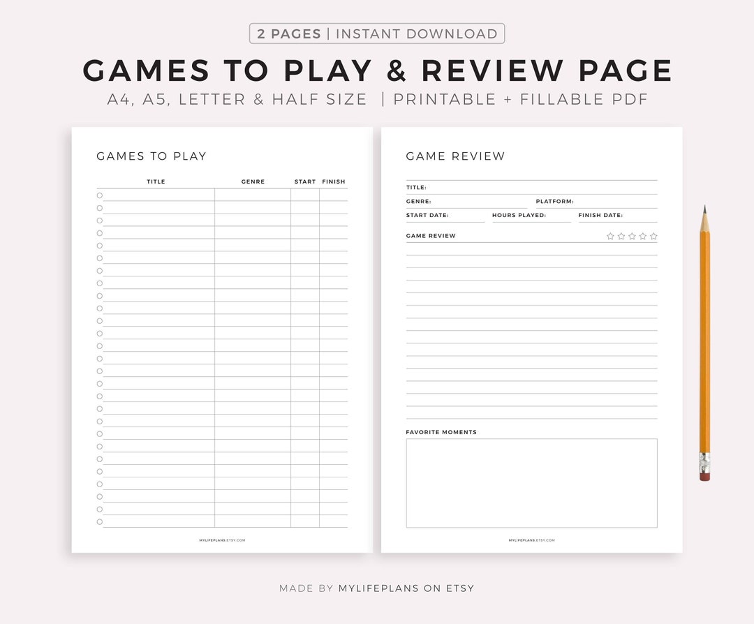 Video Games to Play & Review Page, A4/a5/letter/half Size, Instant ...