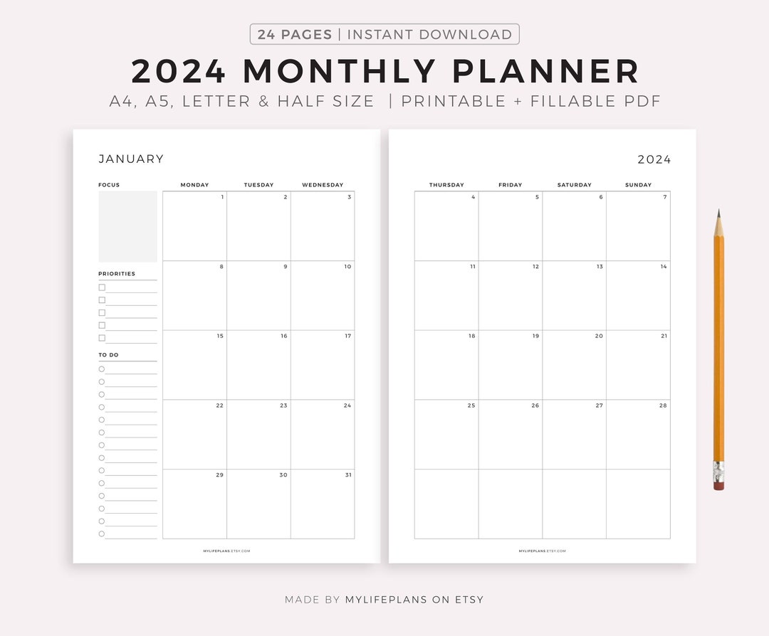 2024 Dated Monthly Planner on Two Pages, Monthly Organizer, Monthly ...