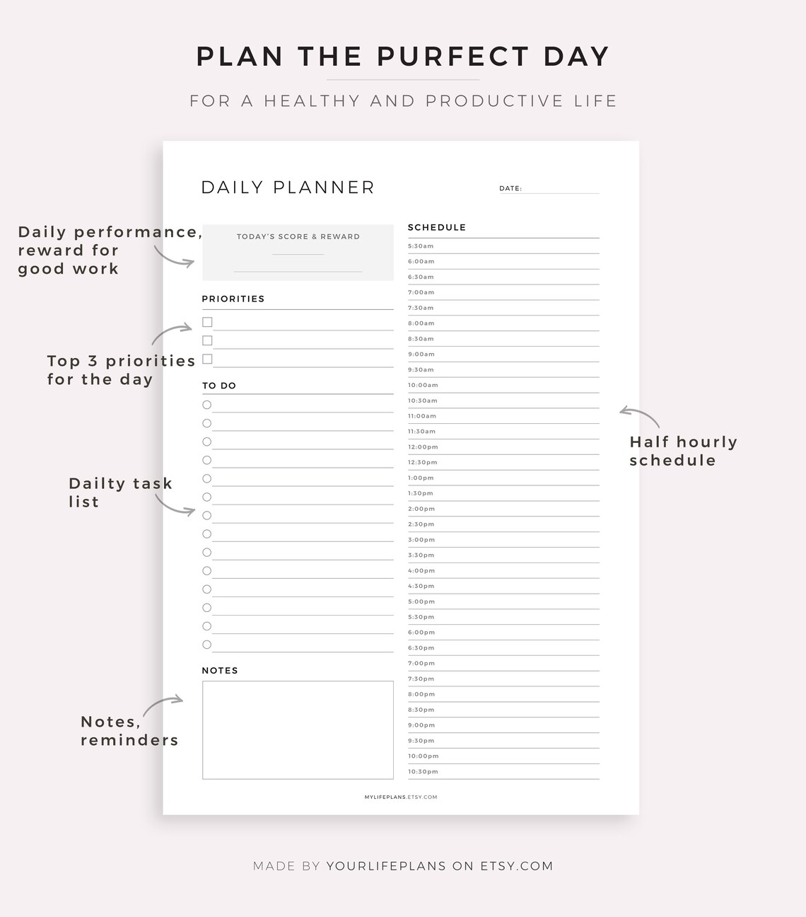 Daily Hourly Planner Printable Work Daily Planner | Etsy