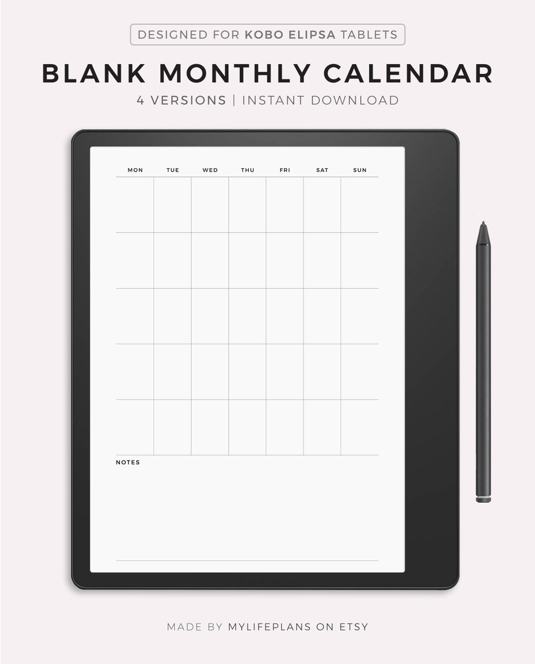 Blank Monthly Calendar for Kobo Elipsa 2e / 1, Undated Calendar, Monday ...